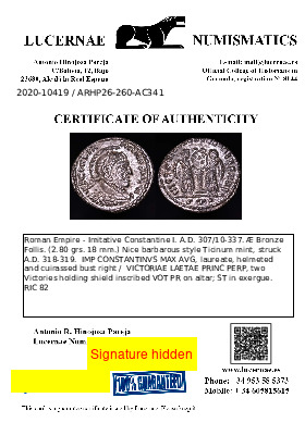 *Lucernae* Constantine I Æ Follis Ticinum VICTORIAE LAETAE PRINC PERP ...